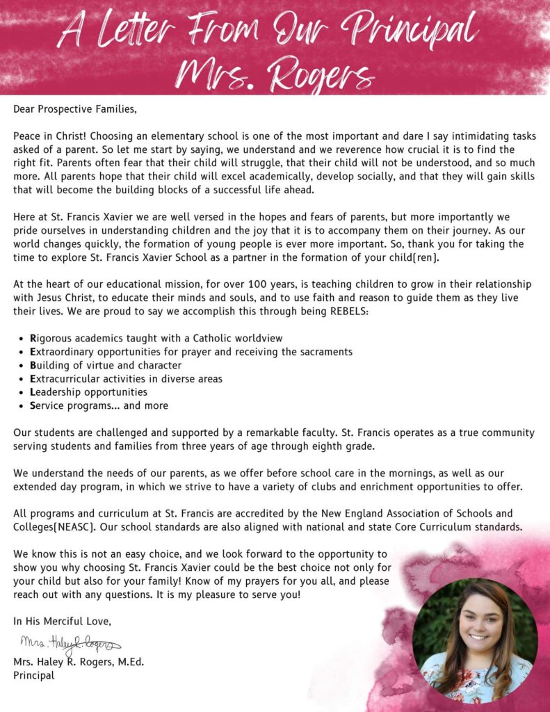 Principal Welcome Letter 2024-2025 - Saint Francis Xavier Elementary School